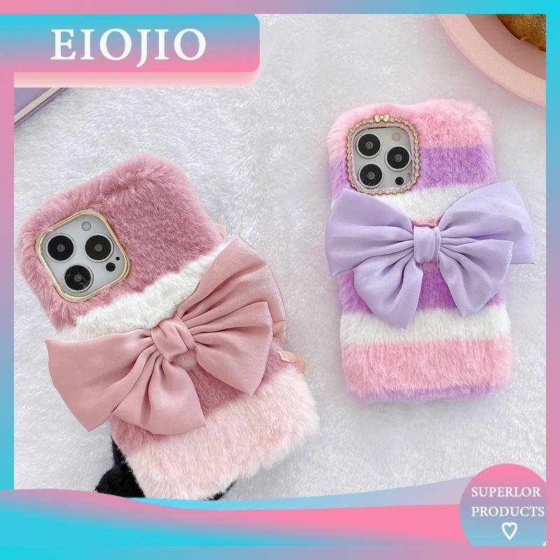 Signalshin Pink Silk Ribbon Bow Fluffy Fur Phone Case For iPhone 15 11 ...