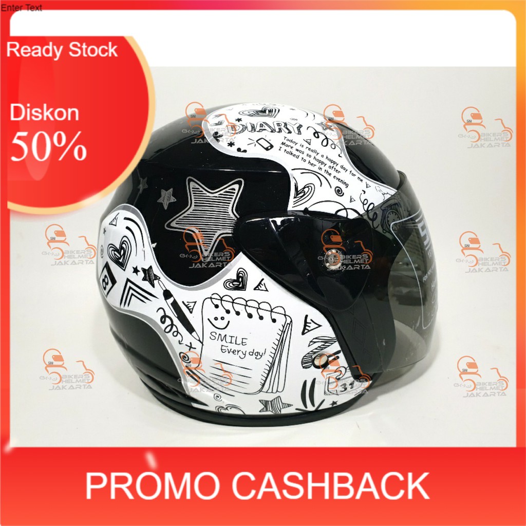 SNI DIARY BTS BLACK WHITE GLOSS MOTORCYCLE HELMET MODEL GM EVO HALF FACE SNI OFFICIAL SNI LOGO ...