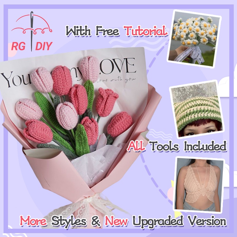 Crochet Material Kit With Tutorial DIY Set for Beginner Tulip Rose ...