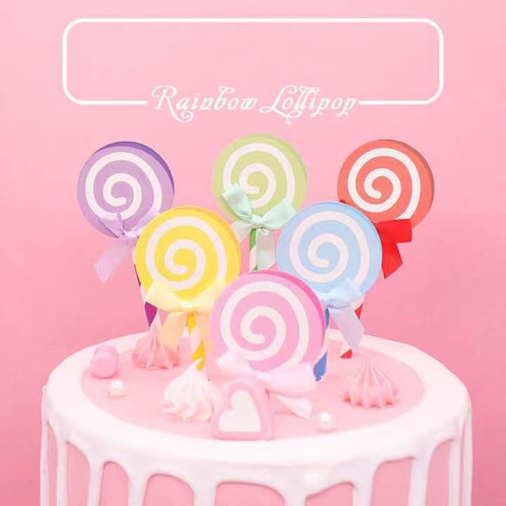6pcs/pack INS Rainbow lollipop paper card cake topper plug-in baking ...