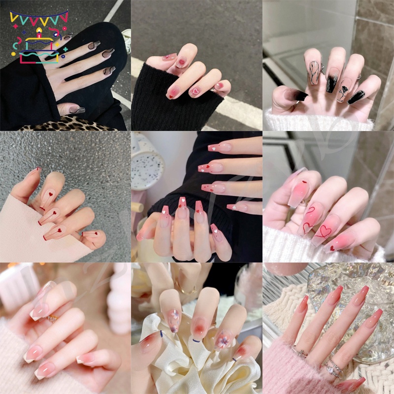 French Manicure Long Fake Nail Artificial Nails Glue Art Nails | Shopee ...
