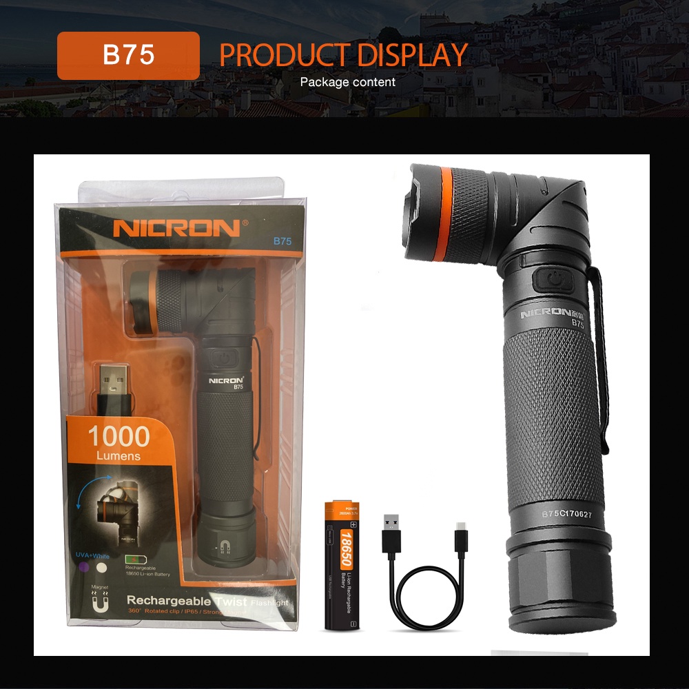 NICRON B75 UV Rechargeable LED Flashlight 1000 Lumens 395nm Ultraviolet ...