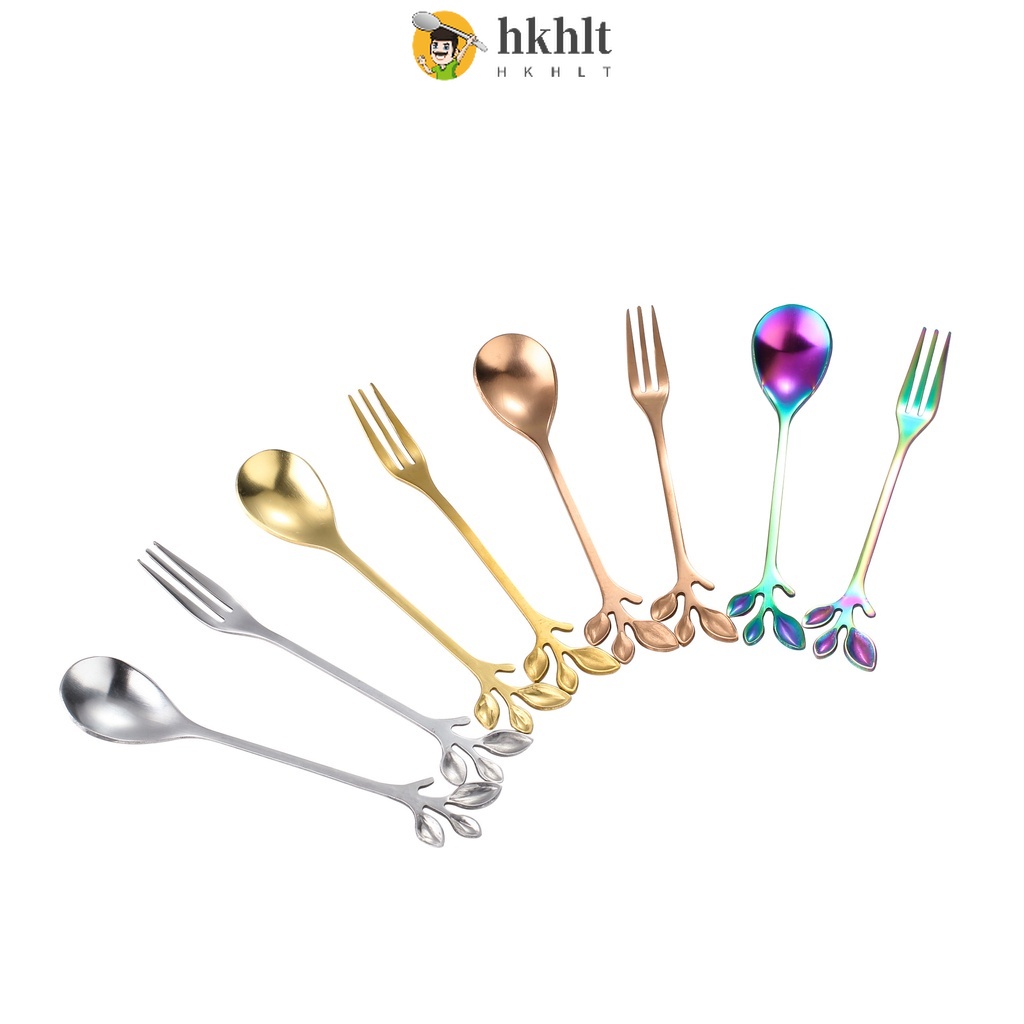 Nordic Stainless Steel Leaf Coffee Spoon Two Teeth Fruit Fork Wedding ...