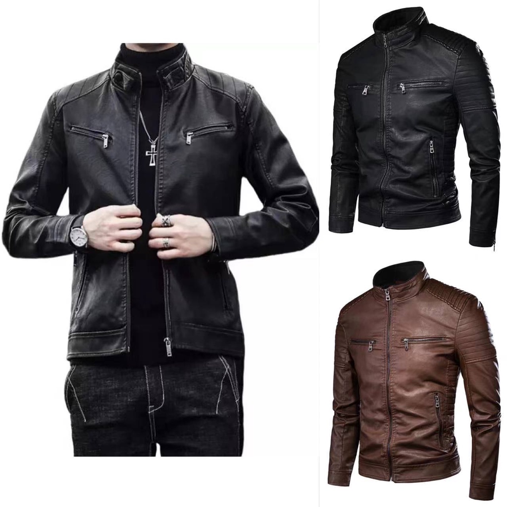 Men's Leather Jacket High Quality Coat Tops | Shopee Philippines