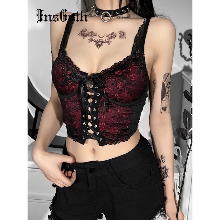 Insgoth Sexy Bandge Black Lace Camis Women Gothic Spaghetti Strap