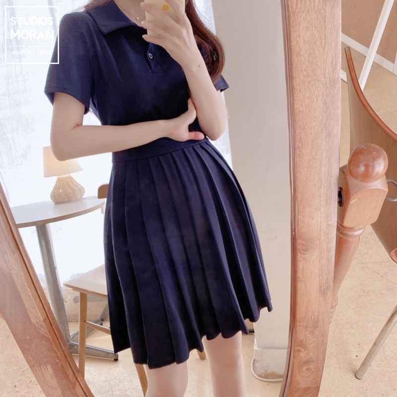 Polo MORAN shirt dress Elegant Korean dynamic pleated short flaredshort ...