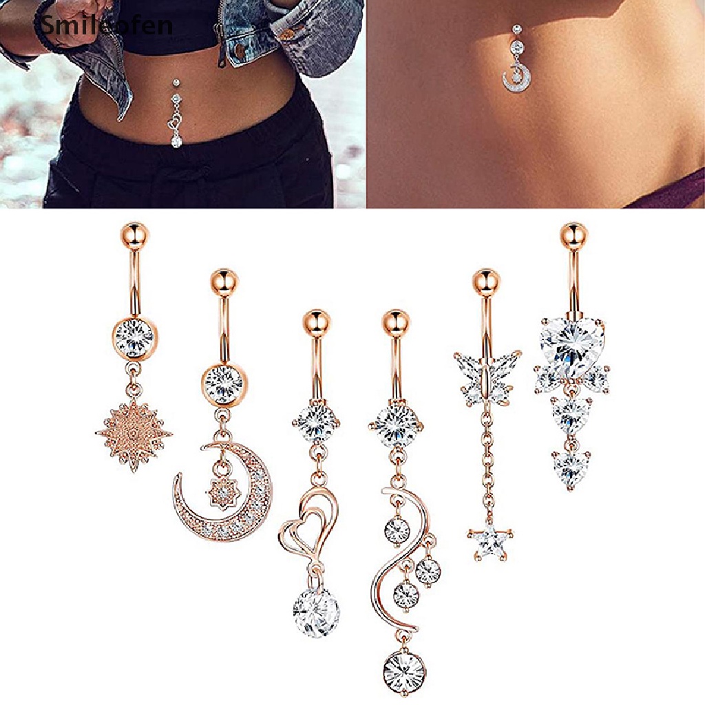 Smileofen 14G Crystal Navel Ring Barbell Drop Dangle Body Piercing ...