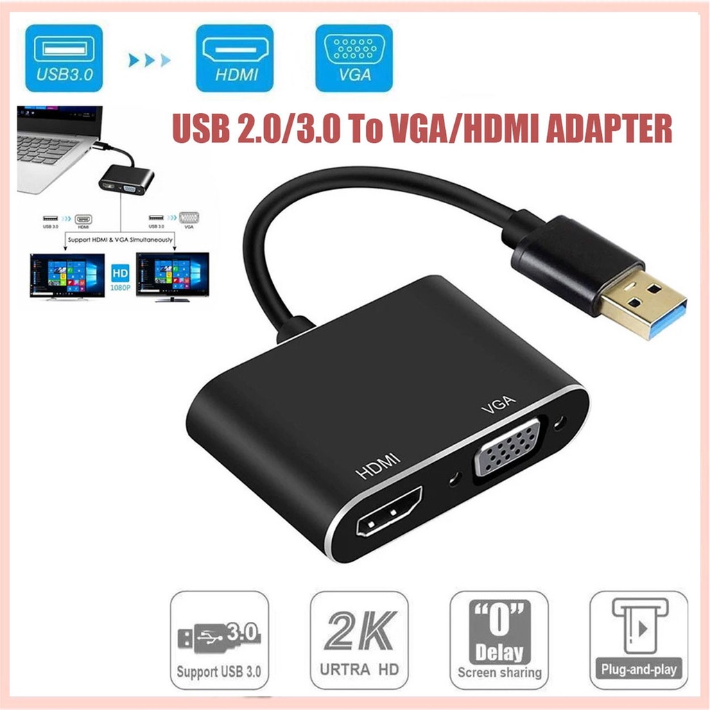USB 3.0 to HDMI VGA 1080P HD 2 In 1 Hub Converter For Laptop HDTV ...
