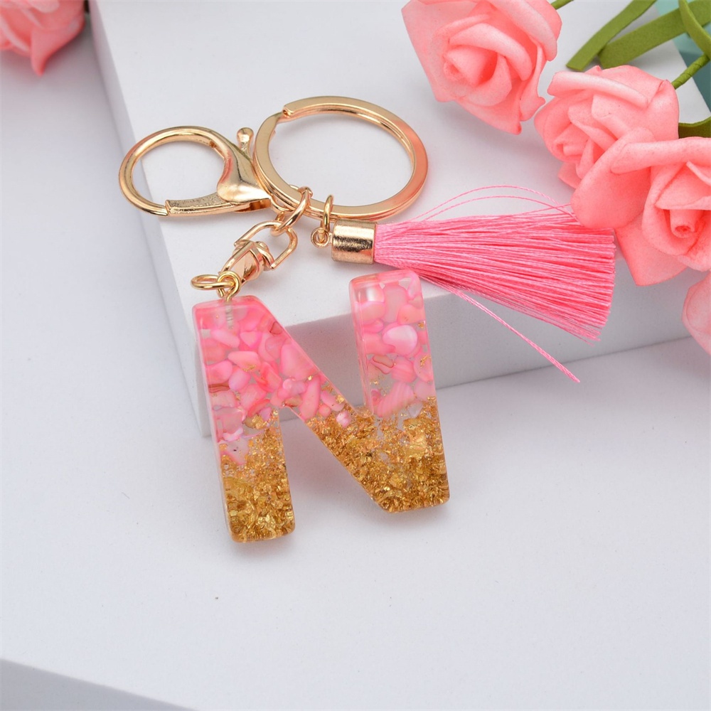 Pink Tassel Gold Foil 26 Letter Pendent Keychain for Women Resin ...