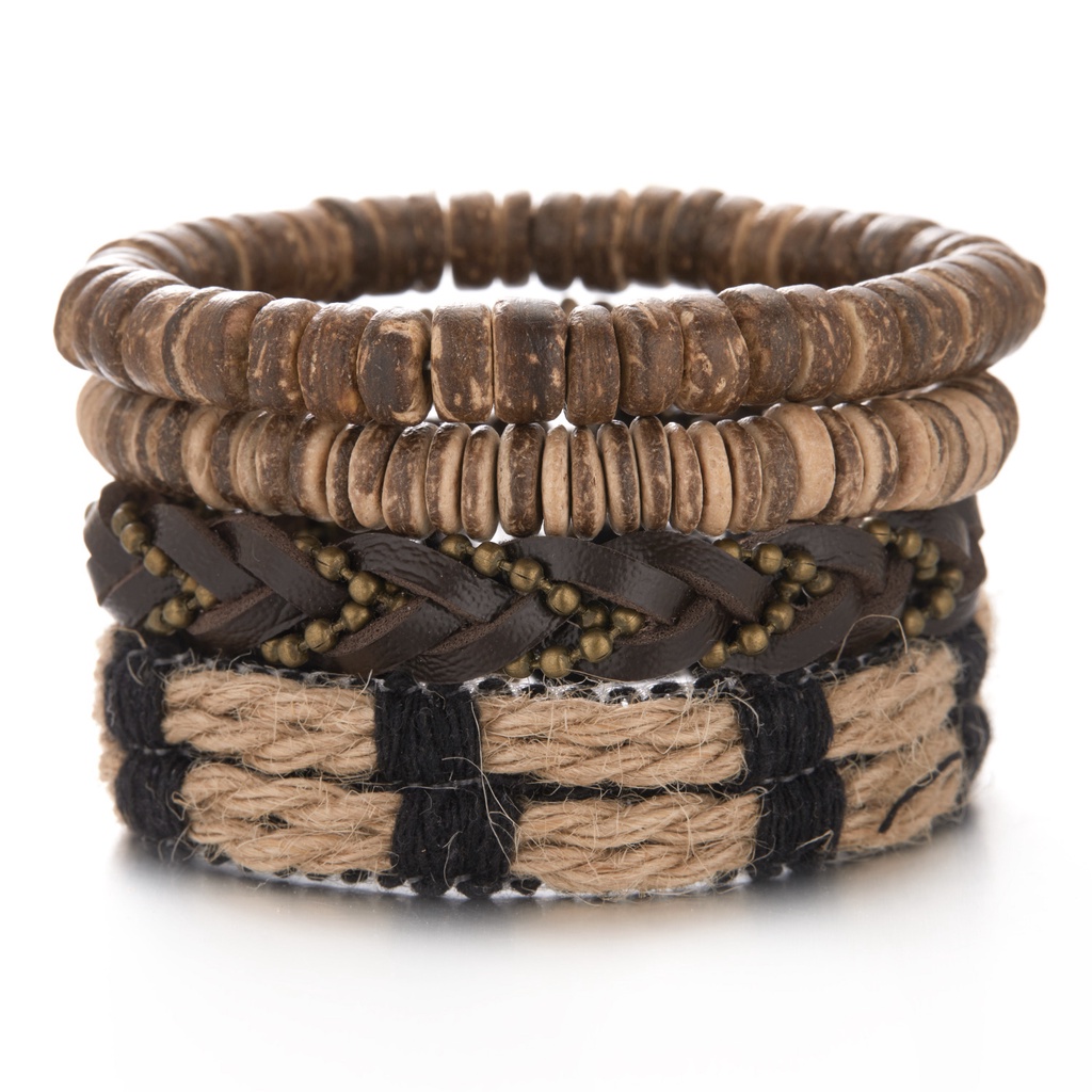 4/5Pcs Fashion Men Beaded Wooden Bead Braided Bracelet Leather ...