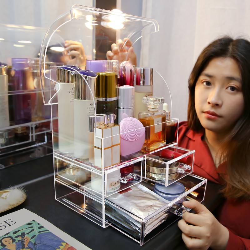 Cosmetic Storage Box Dust-proof With Lid 3 Drawers Transparent ...