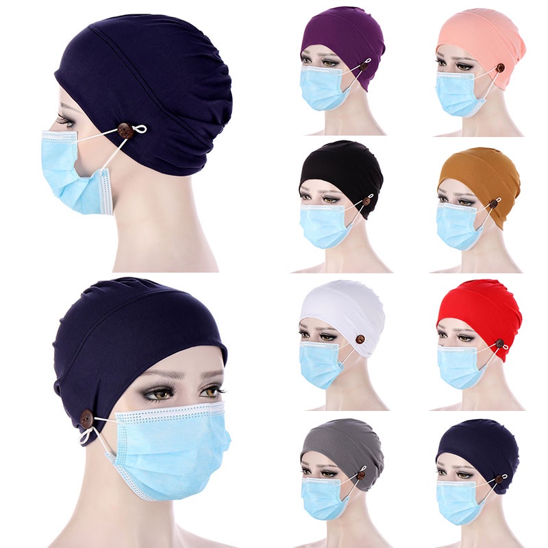Women Muslim Turban Head Wrap Hat With Button Headwear Headscarf Bonnet ...