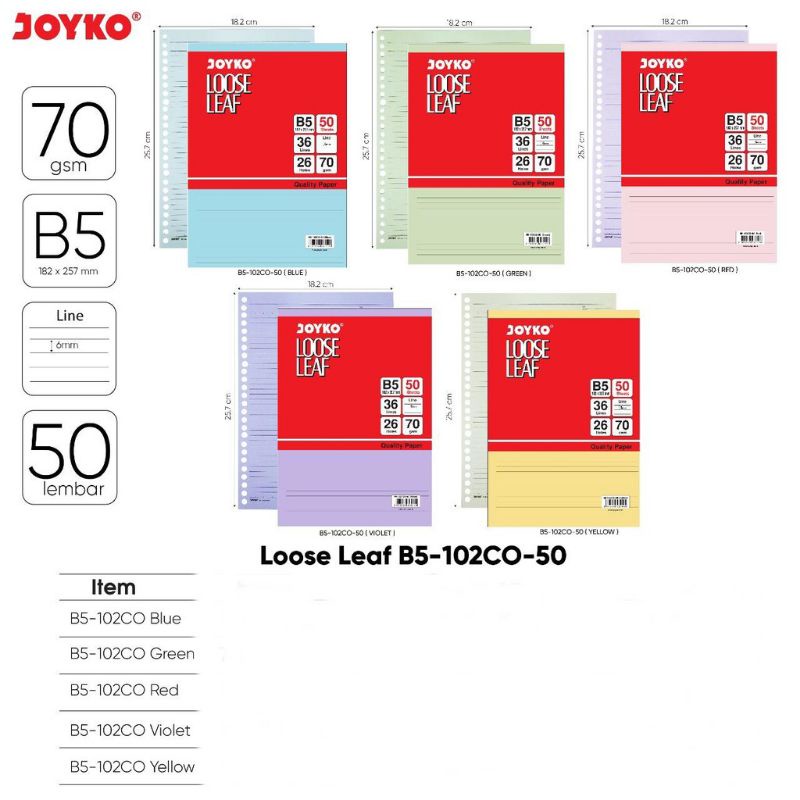 Loose-leaf B5 JOYKO COLOR CONTENTS 50 SHEETS | Color BINDER FILE PAPER ...