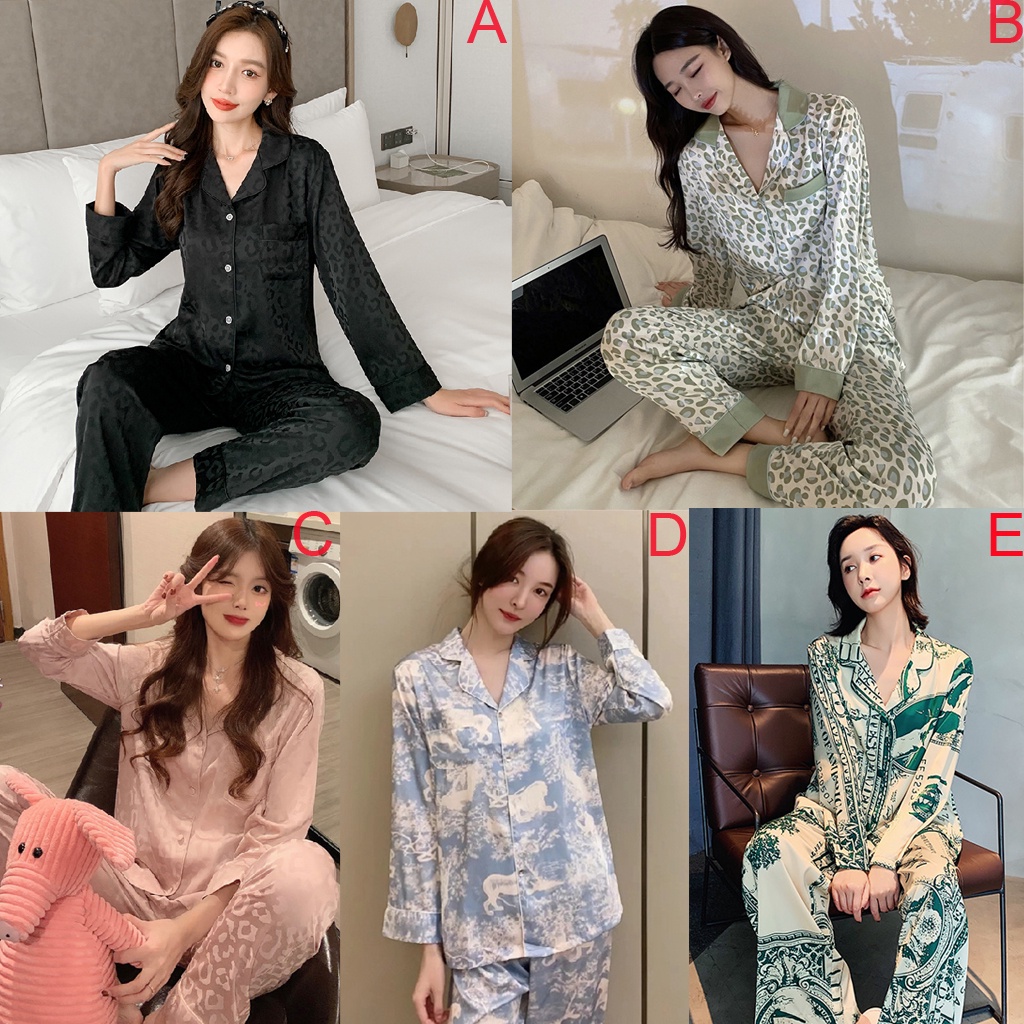 Korean Fashion Women Silk Satin Pajamas Set Female Long Sleeve ...