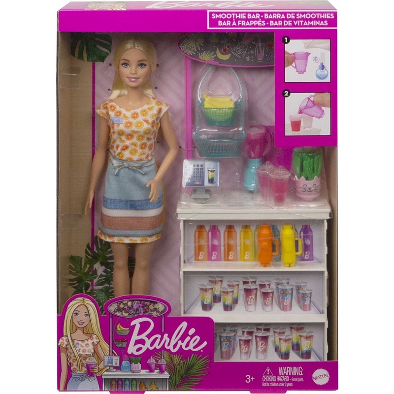 Barbie Smoothie Bar Playset, Blonde Barbie Doll, Smoothie Bar & 10 ...