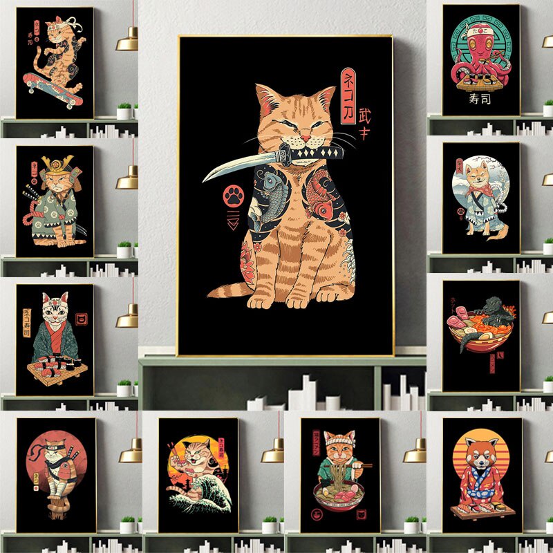 Japanese Samurai Cat Posters and Prints Ramen Nostalgia Quality Cartoon ...