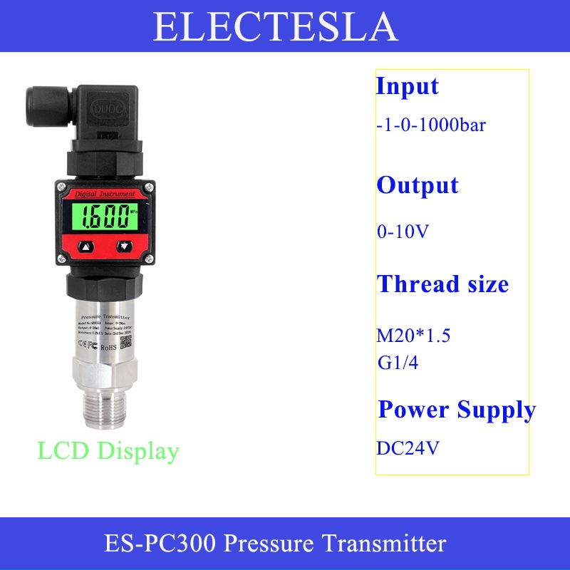 LCD Display Pressure Transmitter Output 0-10V 4-20mA For Liquid Water Oil Air Pressure ...