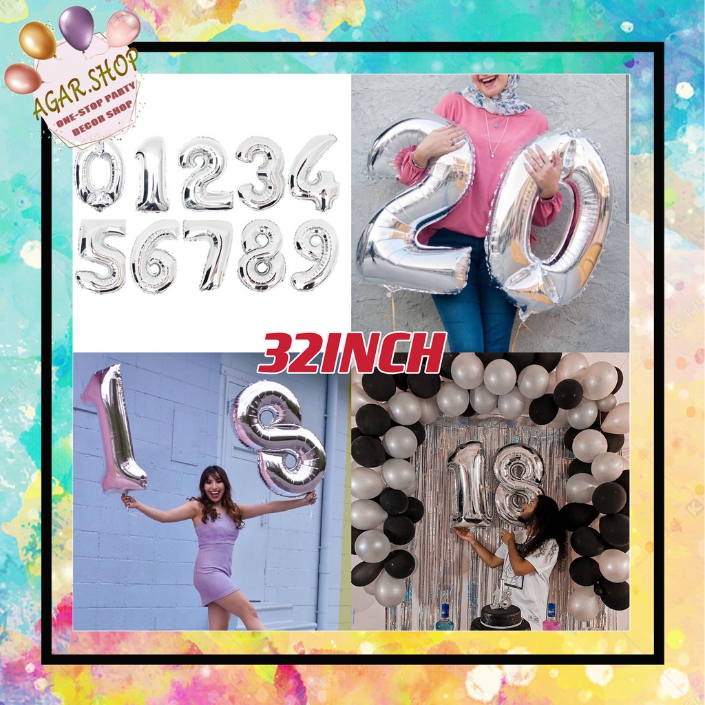 AGAR.SHOP 32 INCH Silver Number Balloon 2FT Foil Balloon Birthday ...