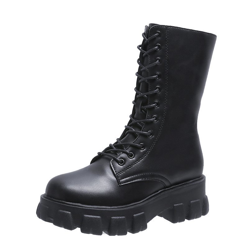 Women's high-top lace-up martin boots leather thick-soled boots ...