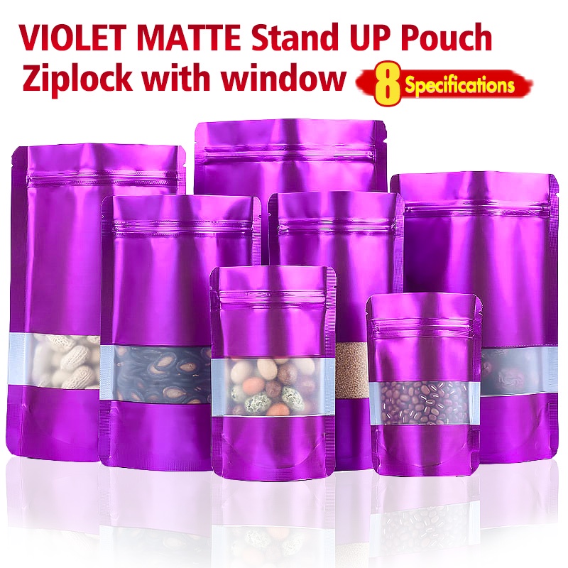 100pcs Violet Matte Stand Up Pouch With Window Resealable Pouch Cookies ...