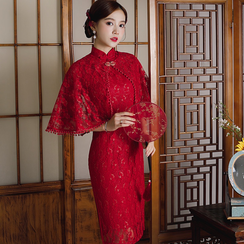 2022 Red Vintage Cheongsam with Shawl Female Floral Chinese Traditional ...