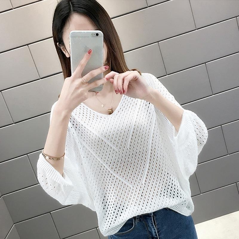 Korean Fashion Bat Sleeve Women's Blouse Loose V-neck Top Summer Hollow ...