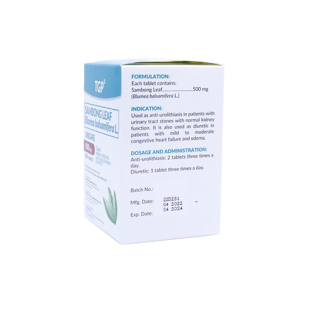 URICARE TGP 1 BOX Sambong Leaf 500mg (100 tablets) | Shopee Philippines