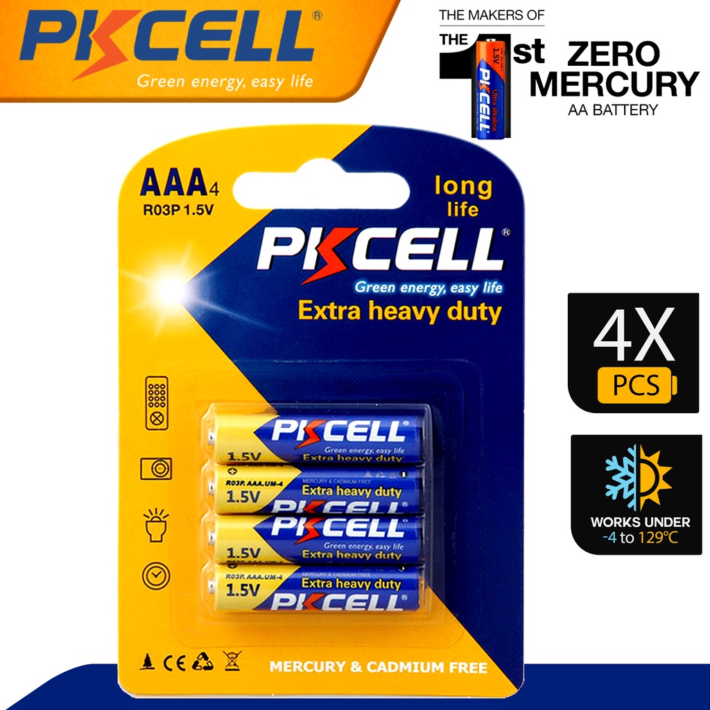 PKCELL 4pcs 1.5V Battery AAA (R03P) Carbon Zinc Single Use Battery UM-4 ...
