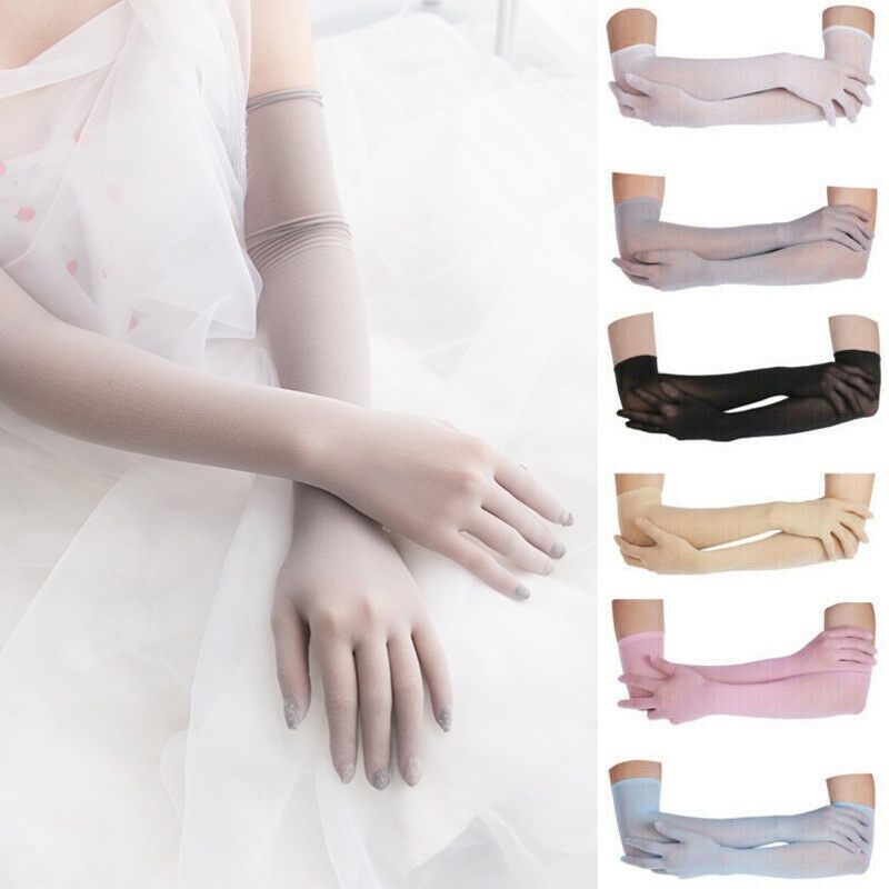 1Pair Women Super Stretchy Long Gloves Mesh Sheer Opera Mittens Anti-UV ...