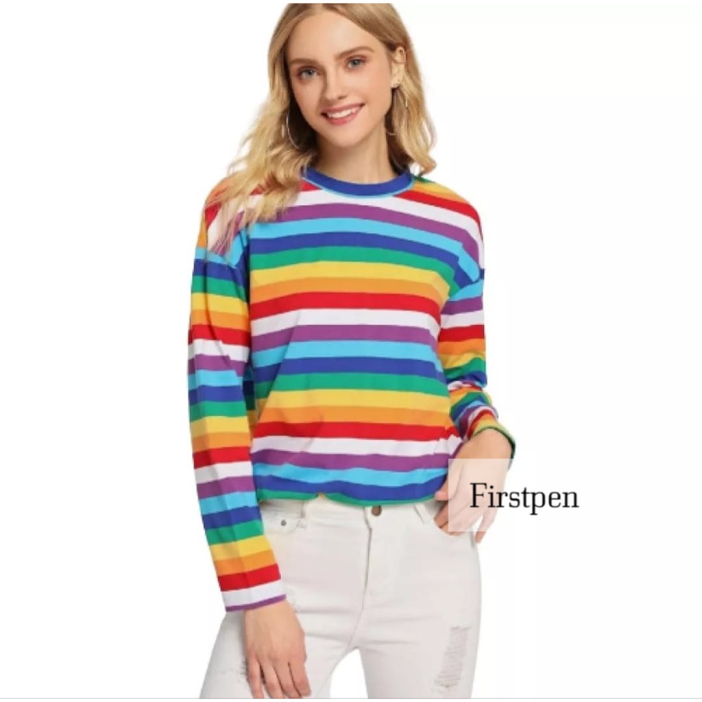 Women's Long Sleeve Rainbow Rainbow Stripe T-Shirt | Shopee Philippines