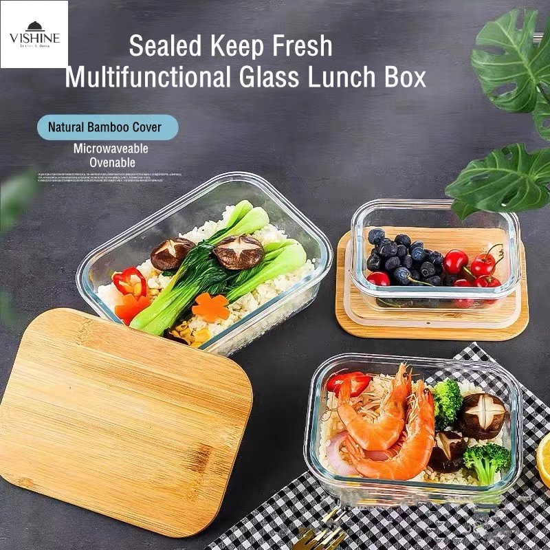 Heat-Resistant Fresh-Keeping Glass Lunch Box Microwave Oven Bamboo Wood ...