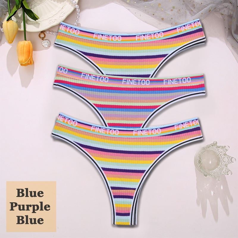 Finetoo 3 Pcs/Set Colorful Striped Cotton Women G-String Underwear ...