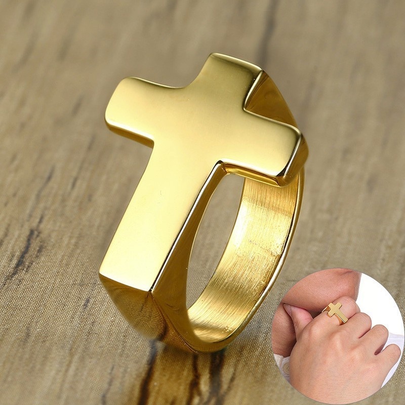 Unique Cross Flat Top Ring Men Glossy Stainless Steel Christ Jesus ...