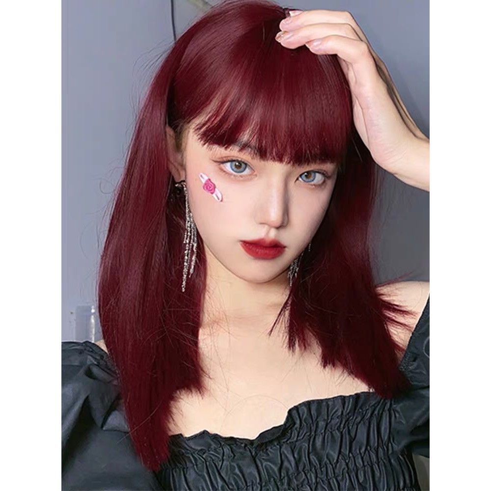 Wine Red Shoulder-length Ltraight Hair Wig For Women Light Gold Gray ...