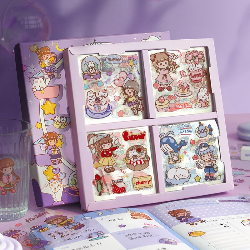 100pcs Cartoon Journal Stickers Gift Box Cute Girl Diary Stickers ...