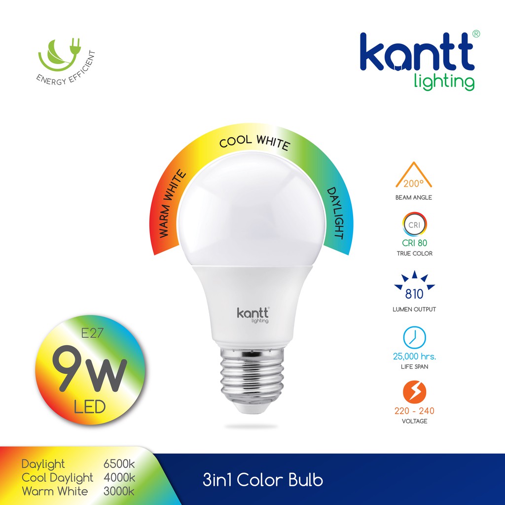 Kantt Lighting LED 3 in 1 Color Changing Bulb - 9W (Daylight, Warm ...
