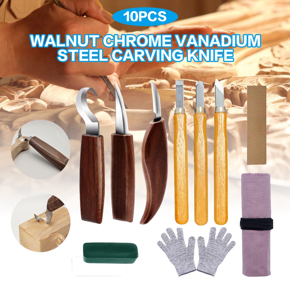 10pcs Wood Chisel Tools Kit Carving Knives Woodworking Whittling ...