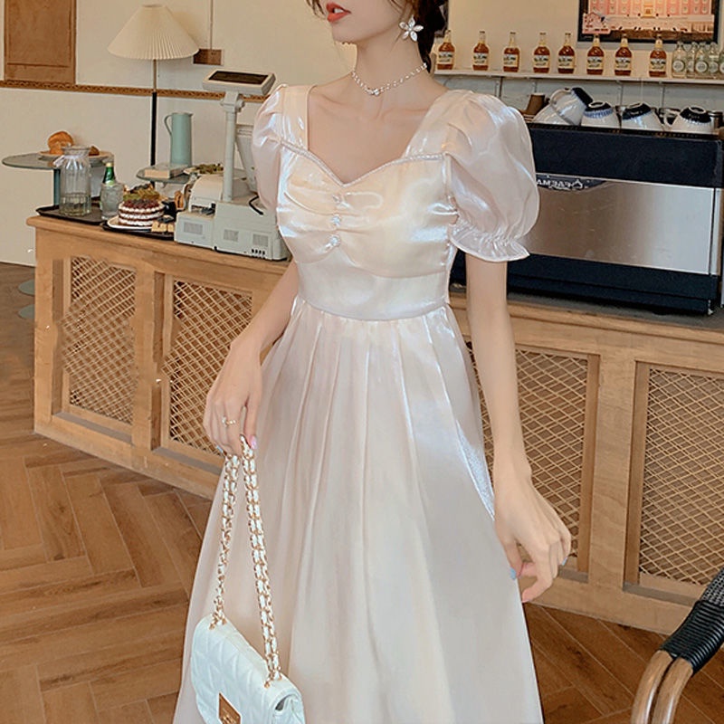 Summer Dress High-Grade Apricot French Style Bubble Sleeve Square ...