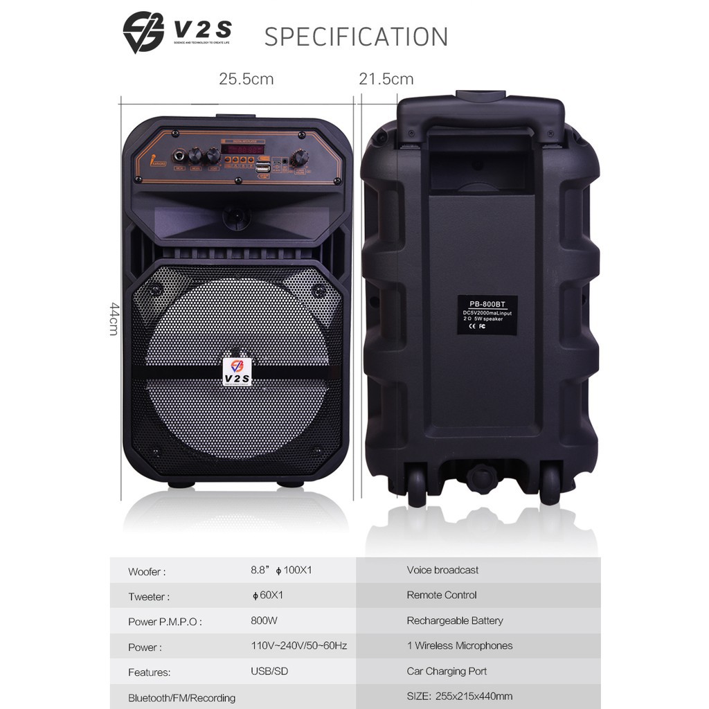 V2S PB800BT TWS Wireless Bluetooth Karaoke Speaker TF Card USB Player ...