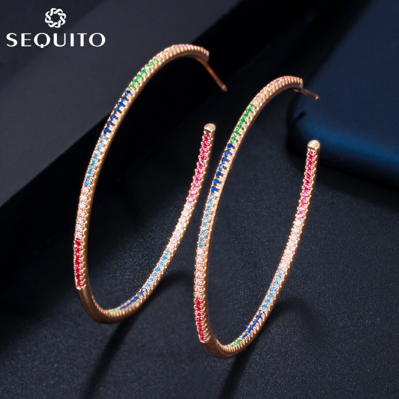 SEQUITO Stunning Colourful Zirconia Crystal Round Earring Fashion Big ...