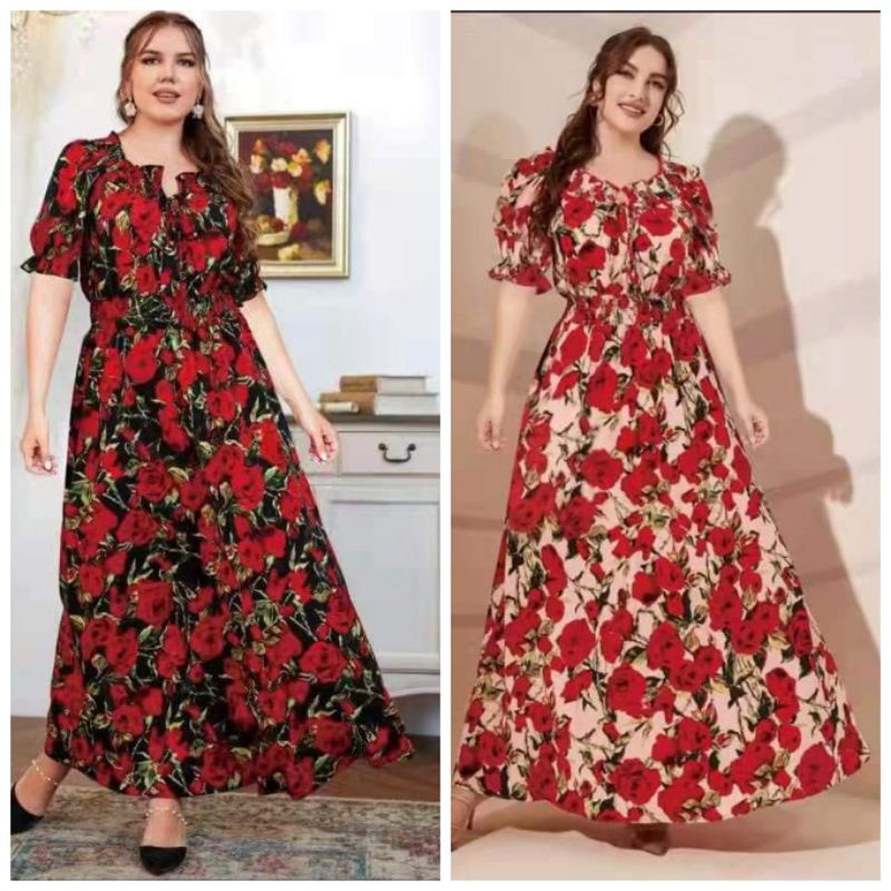 068 A.M Red Flower Maxi Plus size Dress (FIT TO XL) | Shopee Philippines