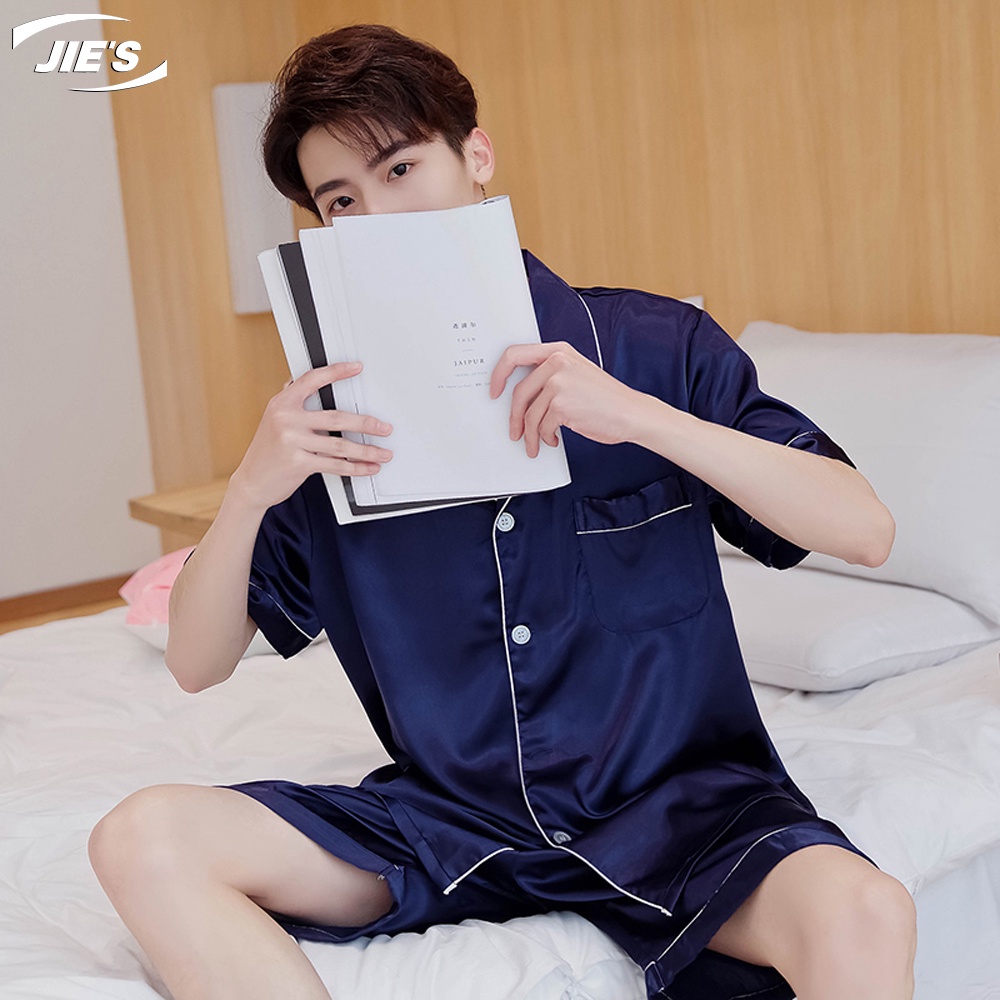 [Spot]Couple unisex silk plain short sleeve terno pajama set plus size ...