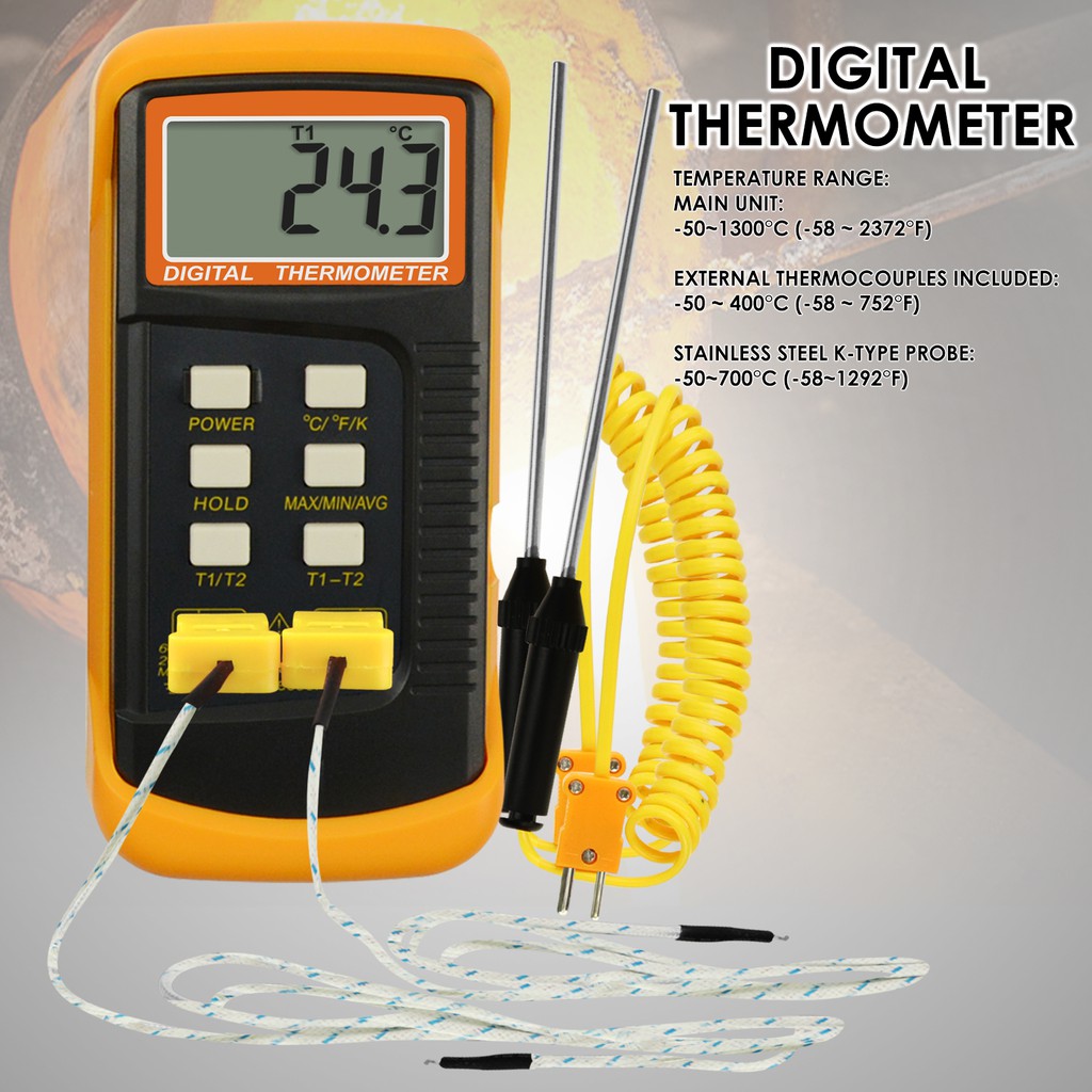 Digital Thermocouple Temperature K Type Thermometer with 4 Probe (Wired & Stainless Steel) Dual ...
