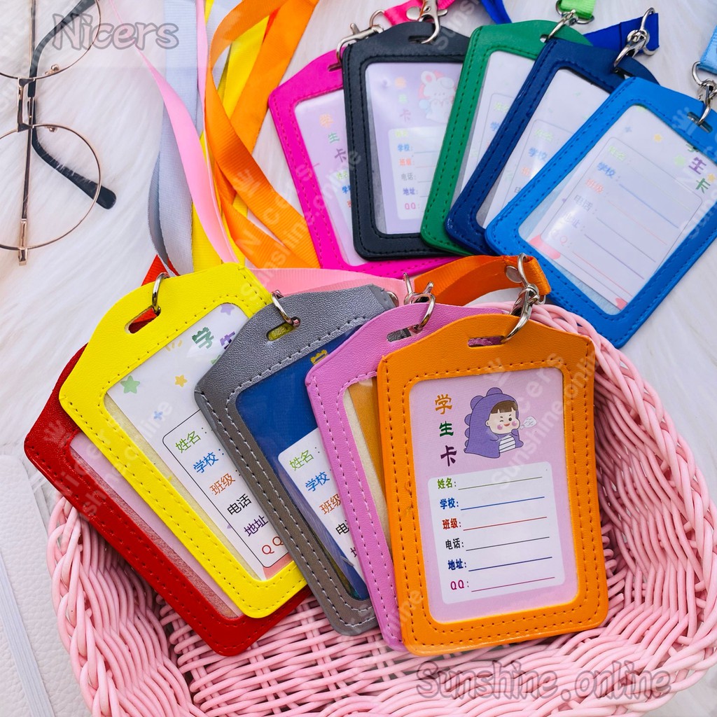 Plain Color 15mm ID Sling Holder Lanyards with Leather ID Card Holder ...