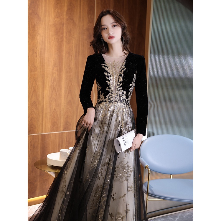 Banquet Evening Dress New Long Sleeve Fashion Host Show Long Black ...