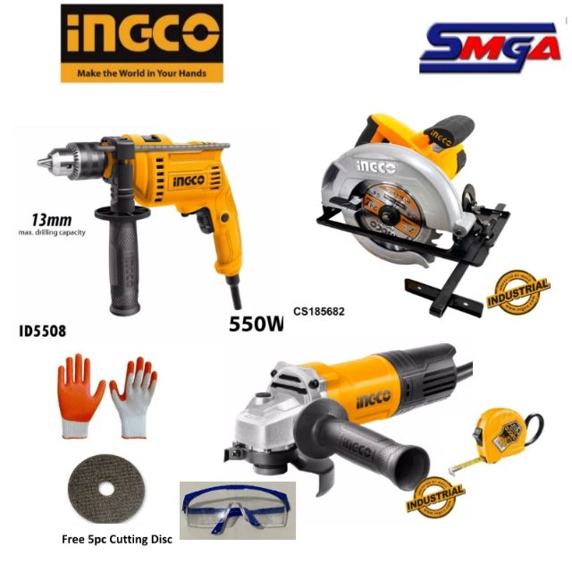 Ingco set Circular Saw 1600w, Grinder 710w, Impact drill 550W (all you ...