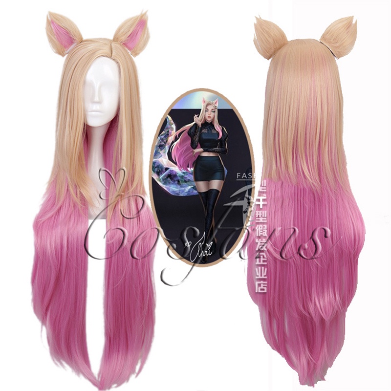 Game KDA Baddest Ahri Cosplay Wigs LOL KDA Cosplay Blonde Mixed Pink ...