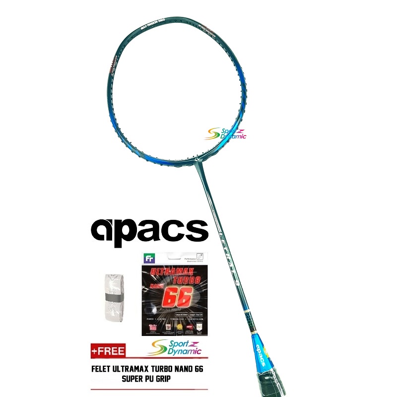 APACS LETHAL 9 BADMINTON RACKET (BLUE BLACK) & FOC ULTRAMAX TURBO NANO 66 STRING & PU GRIP ...