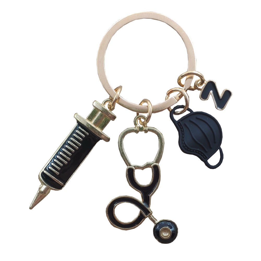A-Z Black Letters Enamel KC Gold Plated Keychain Key Ring Stethoscope ...