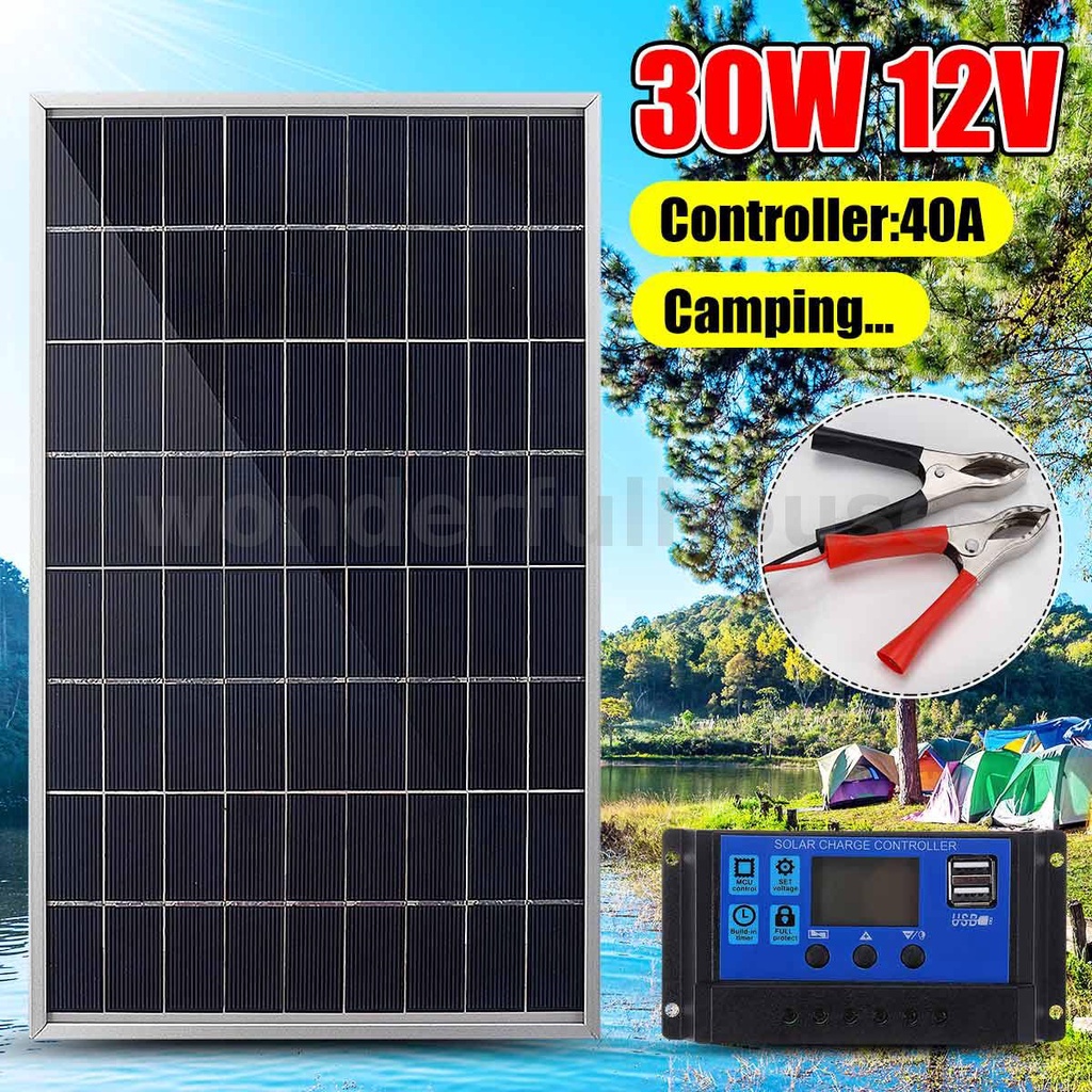 30W 12V Portable Solar Panel Outdoor Charging WIth Battery Clip +40A ...